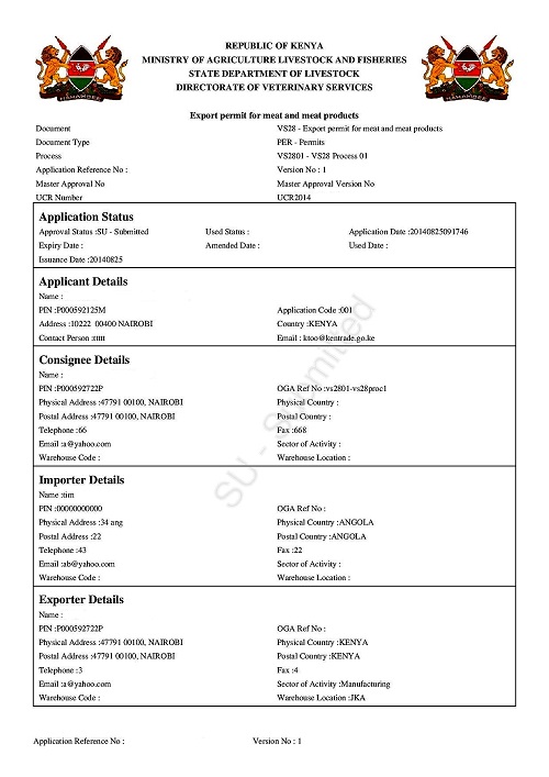 submitted export permit for meat and meat products vs28