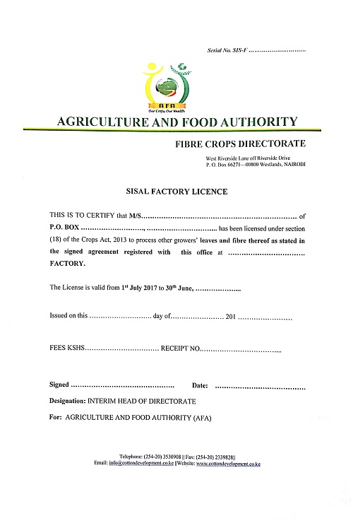 sisal factory licence for traders processing their own fibre and fibre ...