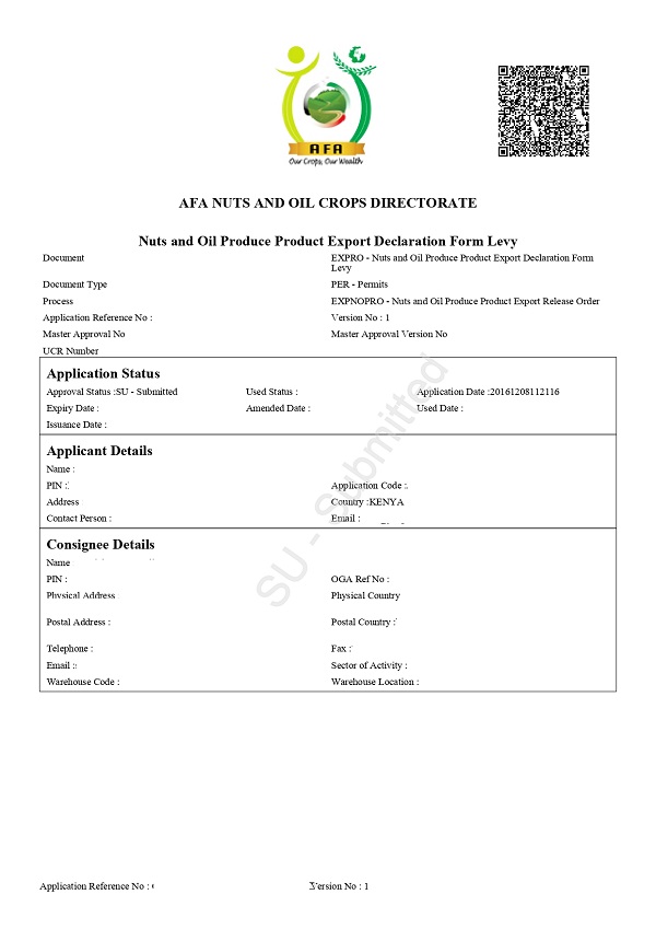 submitted nuts and oil produce product export declaration form levy permit